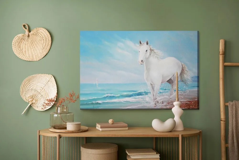 Obraz Bílý Kůň Na Pobřeží Nedostatek Nedostatek Přírodní plátno 30x20