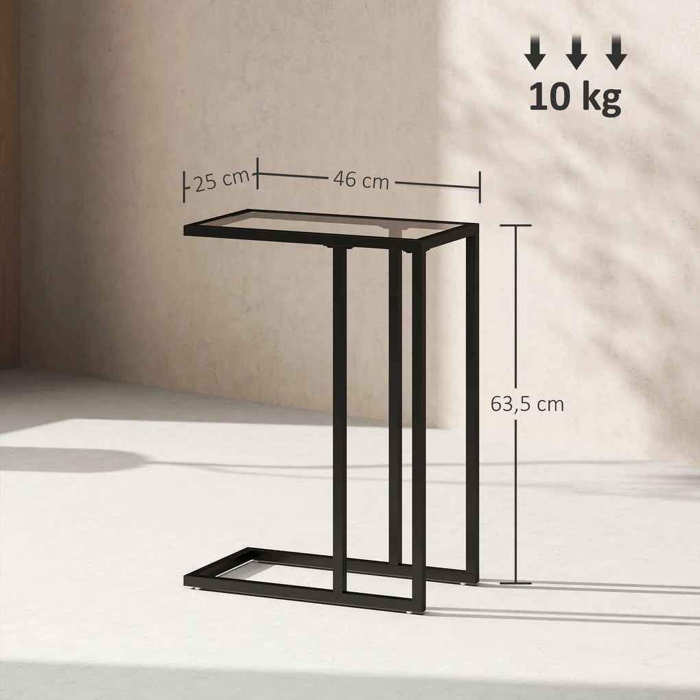 HOMCOM C-štvrcový konferenční stolek se skleněným vrchem, ocelový rám, konferenční stolek do obývacího pokoje, ložnice, 46 x 25 x 63,5 cm, Dub