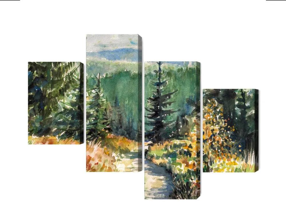 Vícedílný obraz Lesní Krajina Malovaná Vodovými Barvami Nedostatek Nedostatek Plátno Canvas 120x75