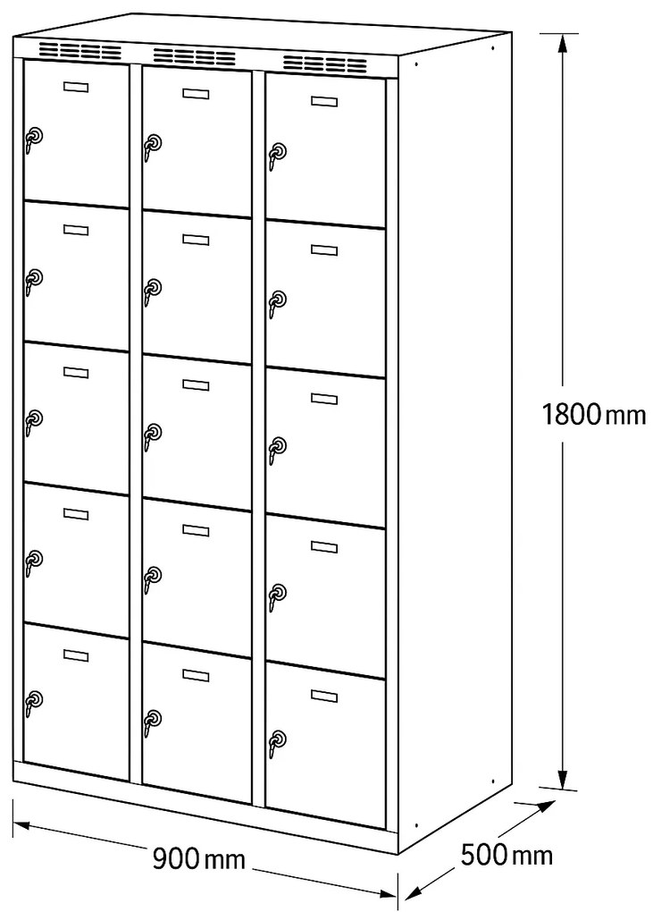 Šatní skříňka S6 s úložnými boxy, 15 boxů, 1800 x 900 x 500 mm, otočný zámek, šedé dveře