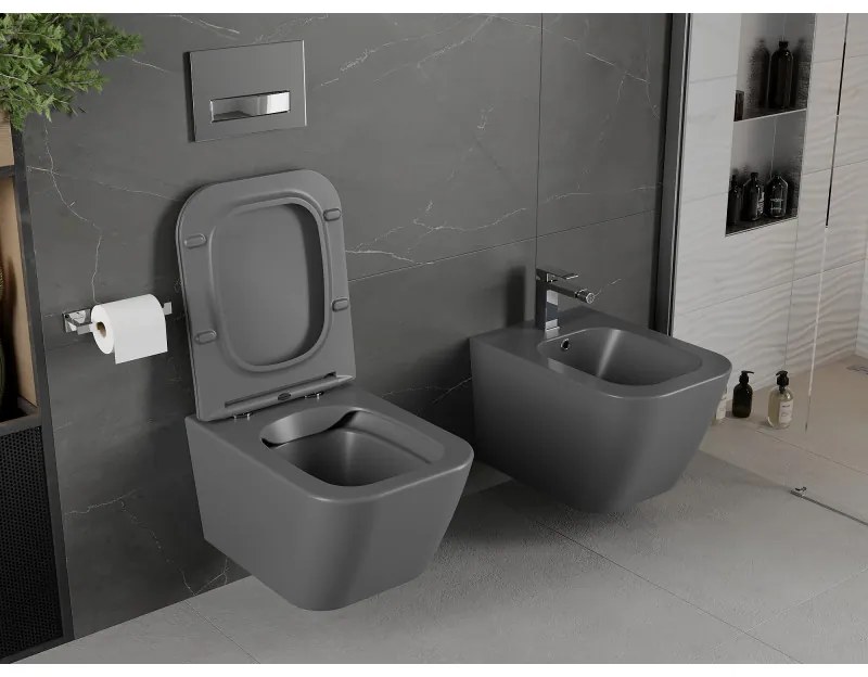 Mexen Madox, Rimless závěsná wc mísa 515x365x350 mm s pomalu padajícím sedátkem SLIM z duroplastu, světle šedá, 30154061