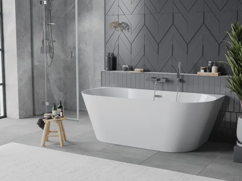 Mexen Oval Slim, volně stojící vana ke stěně 170 x 80 cm, bílá lesklá, chromový přepad, 52661708000-01