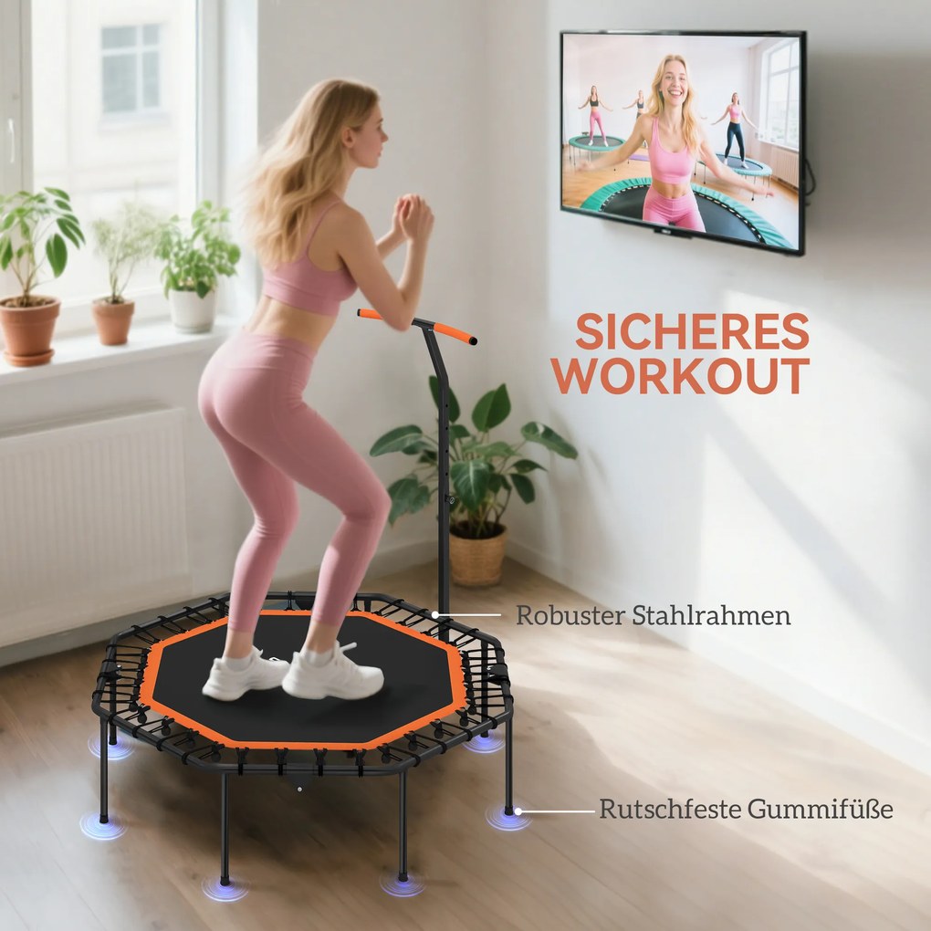 SPORTNOW Fitness trampolína, tréninková trampolína s nastavitelnou rukojetí, stabilní a tichá, pro interiér, ocel, oranžová