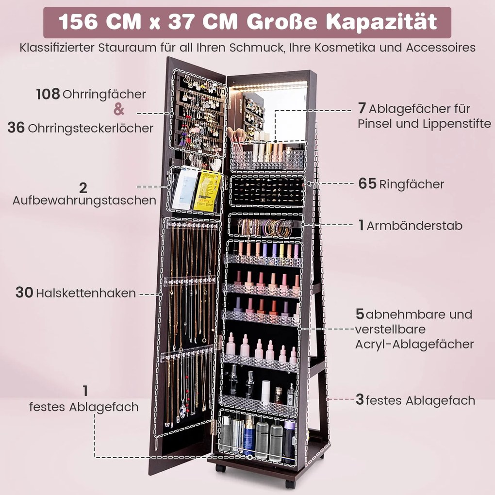 Costway Uzamykatelná šperkovnice s integrovaným make-up zrcadlem
