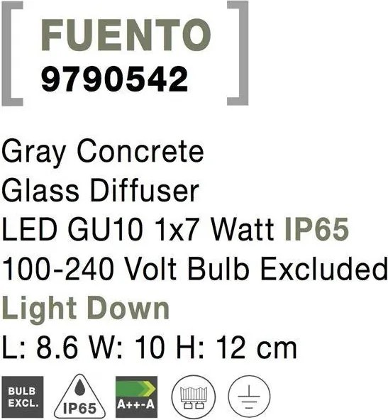 NV 9790542 Venkovní nástěnné svítidlo FUENTO šedý beton skleněný difuzor GU10 1x7W IP65 100-240V bez žárovky světlo dolů - NOVA LUCE