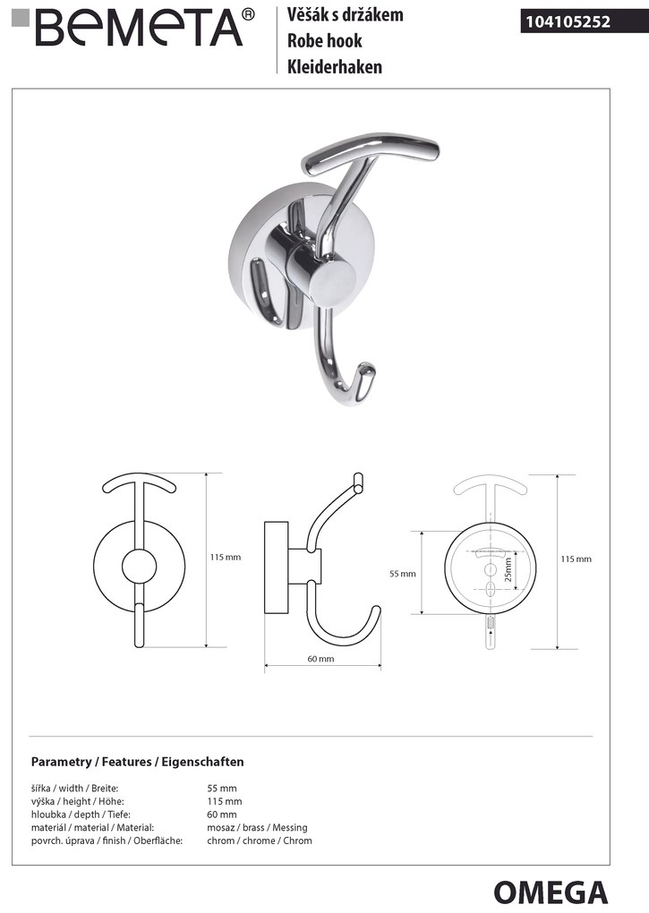 Bemeta Design OMEGA: Věšák, s držákem -