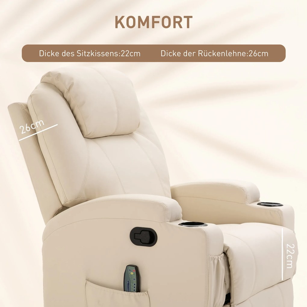 HOMCOM Relaxační křeslo s funkcí polohování, elektrické masážní křeslo, 5 masážních režimů, imitace kůže, krémově bílá, 84x92x109cm