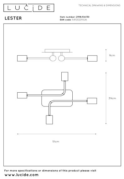 Lucide 21118/04/30 - Přisazený lustr LESTER 4xE27/40W/230V černá