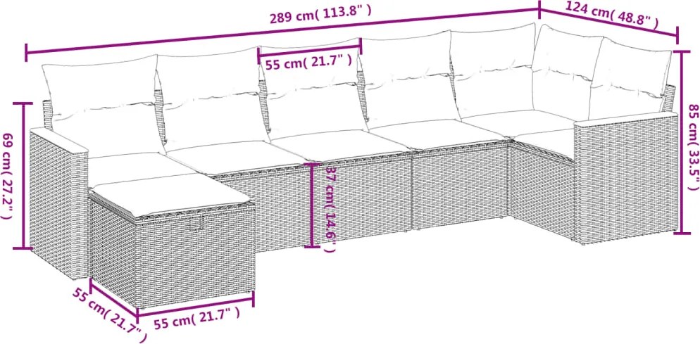 7dílná zahradní sedací souprava s poduškami černá polyratan 3265312