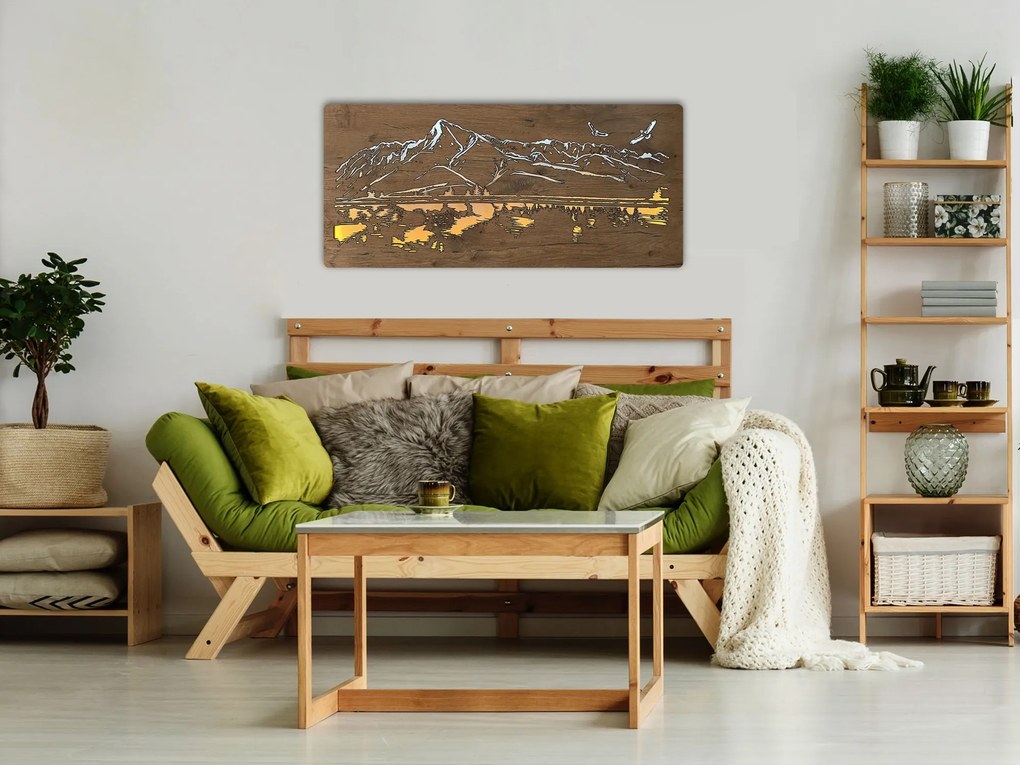 Li-Go "Hory s ptáky a jezerem" světelný obraz 230V 130x60cm provedení povrchu: dub světlý