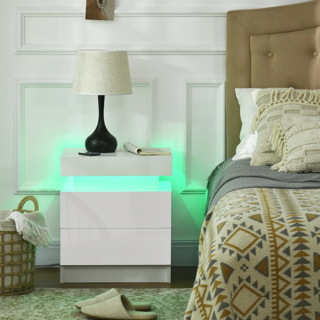 HOMCOM noční stolek s RGB LED světlem, vysokolesklá deska se 2 šuplíky pro obývací pokoj nebo ložnici, bílá