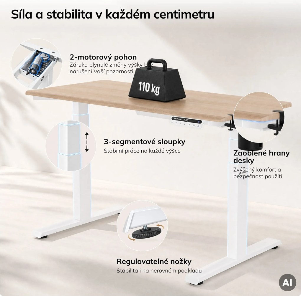 Elektrický stůl s nastavitelnou výškou ergonomický bílý/dub sonoma,1200x600 mm: ARIA