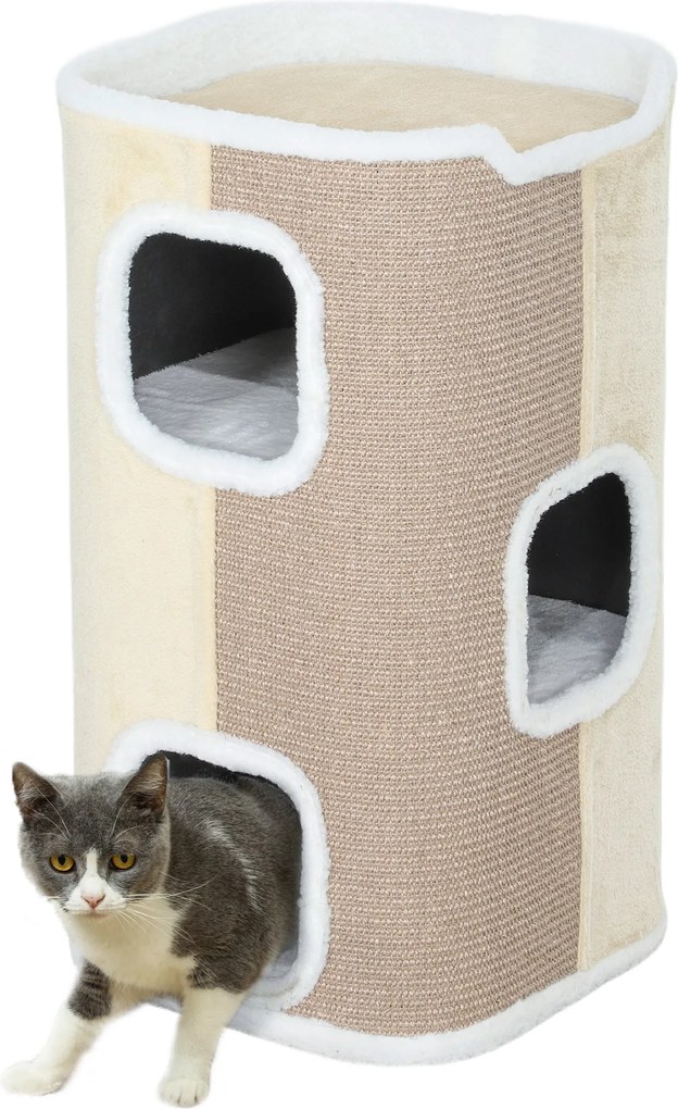 PawHut 74cm Vysoká Škrabací Barel Tříposchoďový Kočičí Barel s Polsterem, Plyšovým Okrajem, Kočičí Jeskyně, Kočičí Strom pro Malé Kočky, Béžová+Žlutá