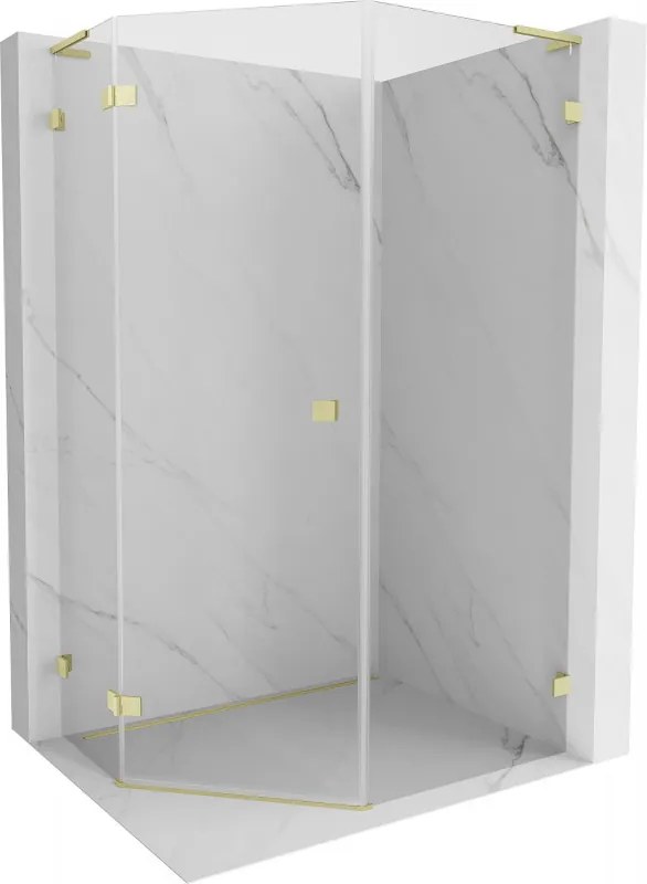 Mexen Lunar, L pětiúhelníkový sprchový kout naklápěcí doleva 80 x 100 cm, 8mm čiré sklo, zlatý matný profil, 831L-080L-100P-55-00-L