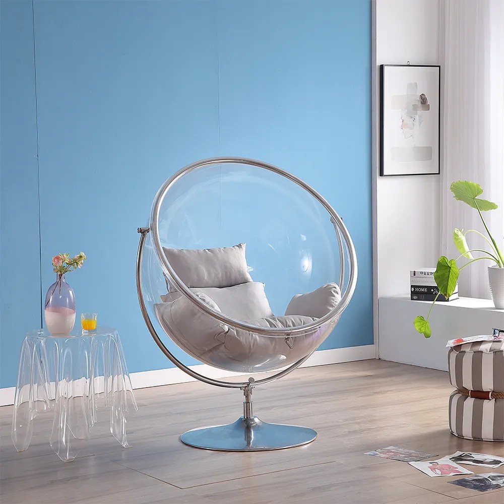 Kondela Závěsné křeslo se stojanem, transparentní/střírná/šedá, BUBBLE NEW TYP 2