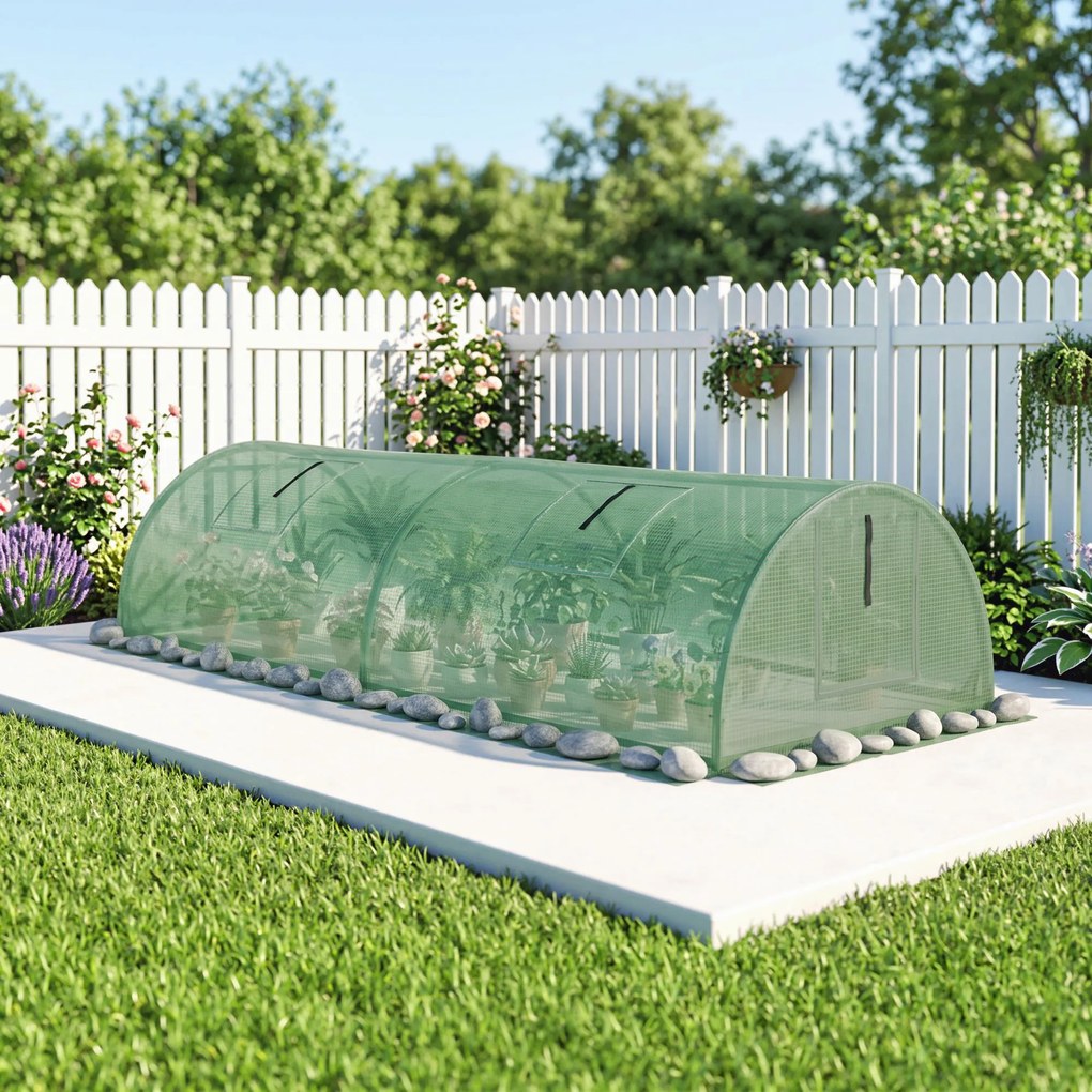 Outsunny Mini tunelový skleník Fóliový skleník s oknem ze síťoviny Fólie PE odolná proti UV záření zelená 200x80x45cm ideální pro zahradní rostliny |…