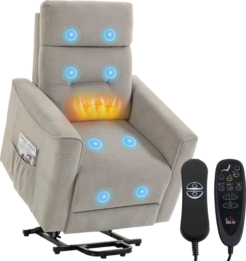 HOMCOM elektrické křeslo s asistencí při vstávání s vibrační masáží a teplem, elektrické relaxační křeslo, nastavitelná opěrka zad, chenille, šedé