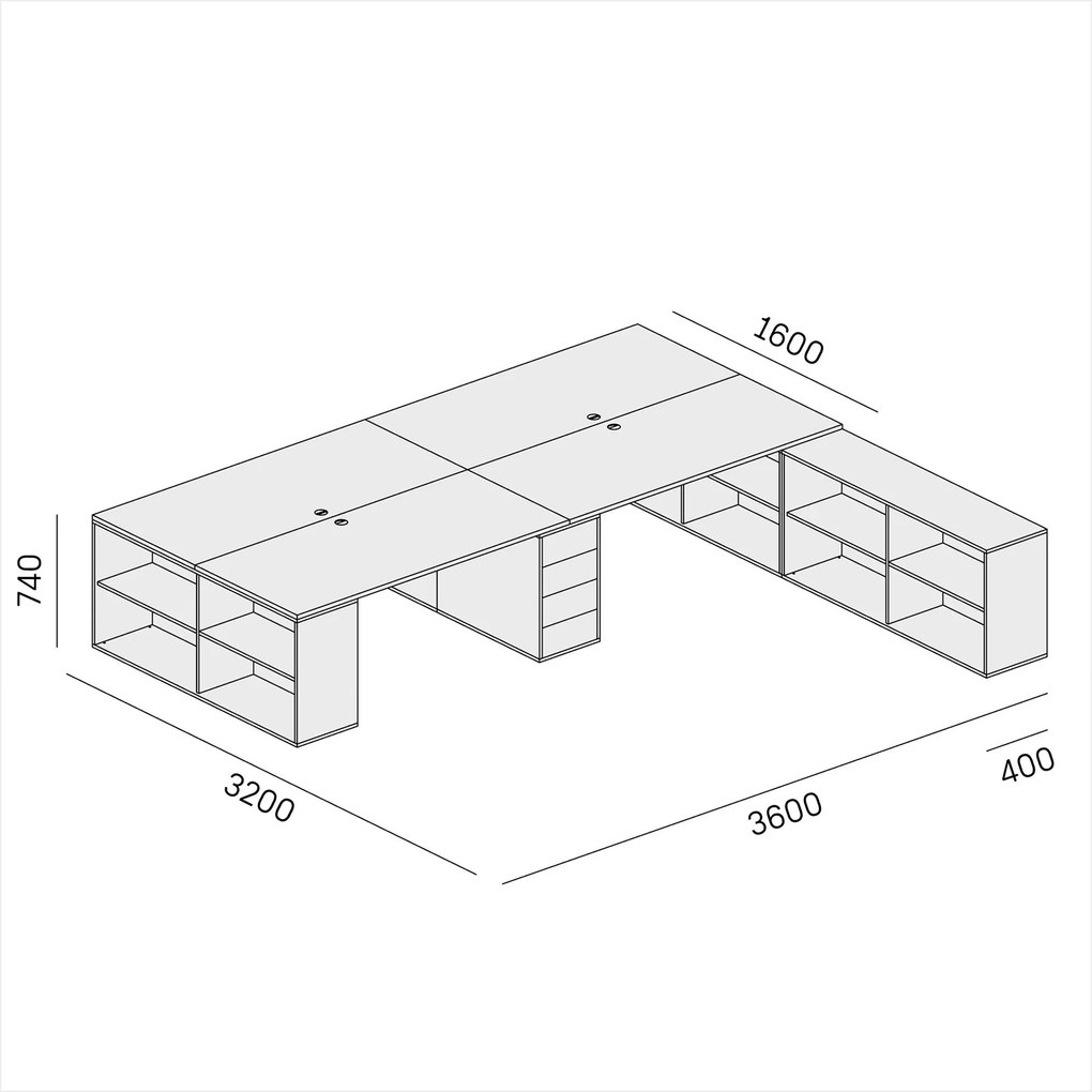 Kancelářská sestava stolů BLOCK B05, 4 místa s úložným prostorem, 360x320 cm, bílá/grafit