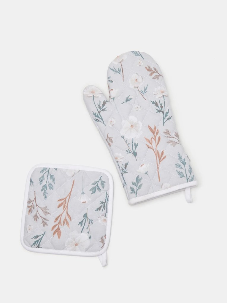 Sinsay - Kuchyňská chňapka a podložka pod hrnec s květy 2 pack - šedá