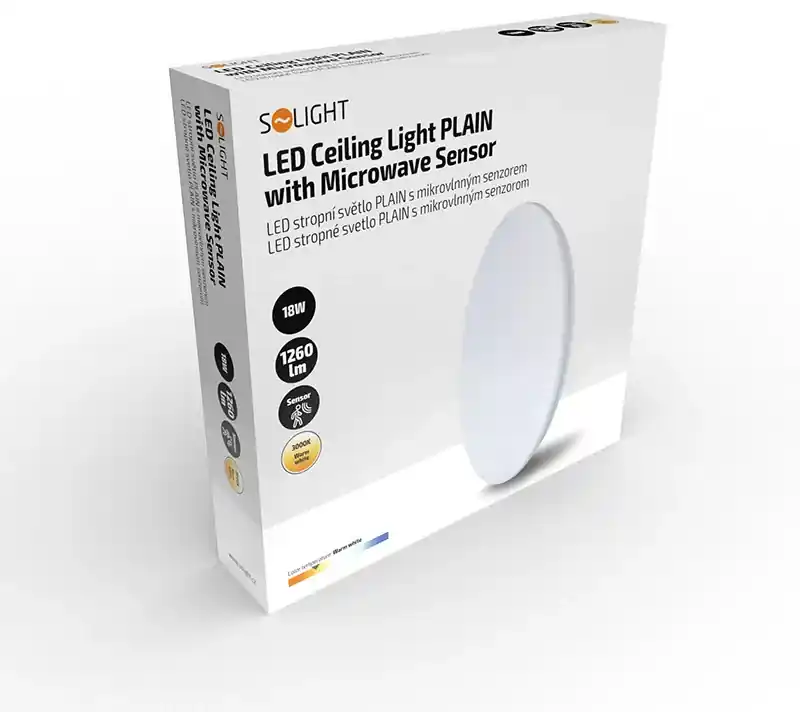 Solight LED stropní světlo PLAIN s mikrovlnným sensorem, 18W, 1260lm,  3000K, kulaté, 33cm | BIANO