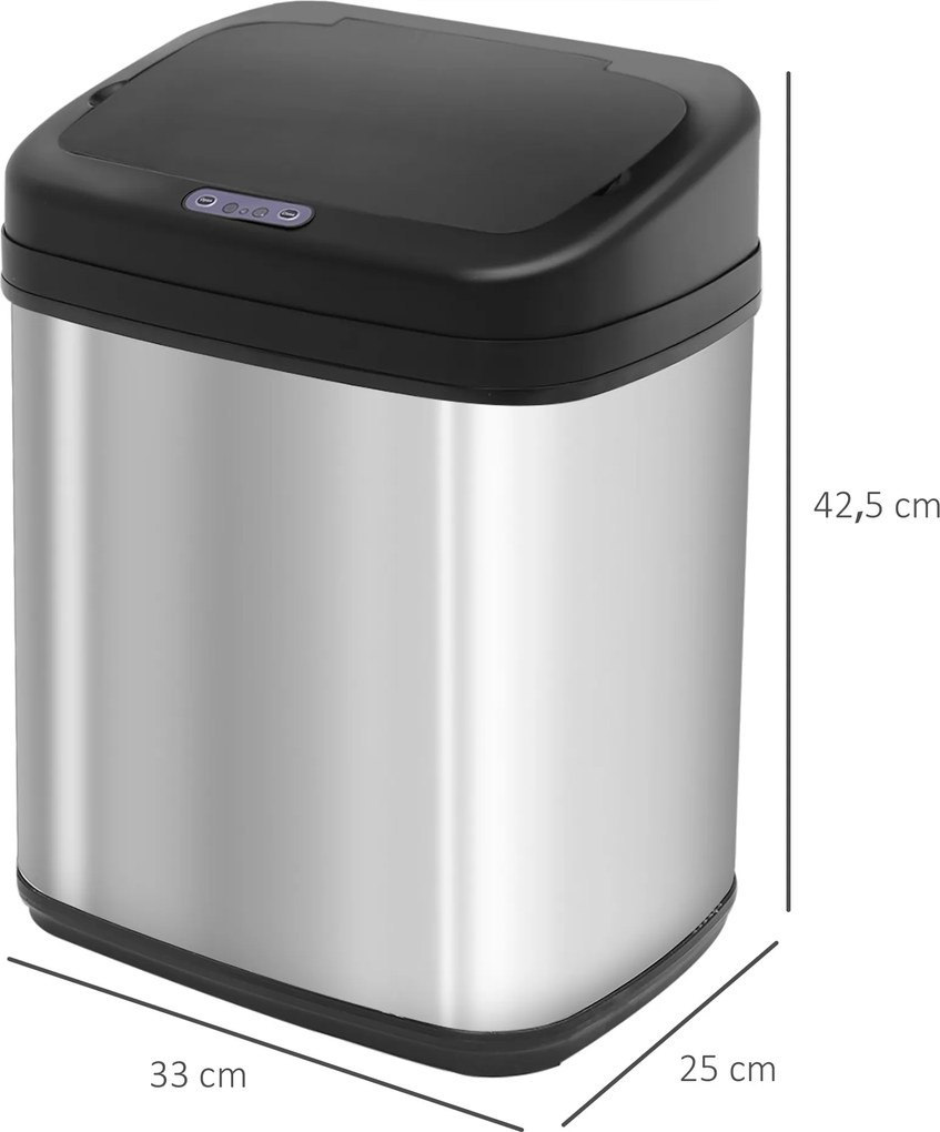 HOMCOM Senzorový odpadkový koš 20 l nerezová ocel Automatický odpadkový koš se senzorem pohybu, vnitřní koš 33 x 25 x 42,5 cm stříbrná+černá