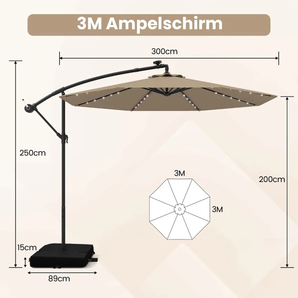 Costway Ø 300 cm konzolový deštník se 40 solárními LED světly a pytli s – hnědý