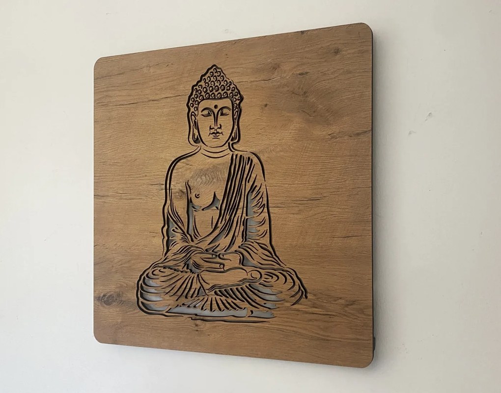 Li-Go "Buddha" světelný obraz s baterií 62x62cm varianta: ovládání na obraze bez dálkového ovladače, provedení: dub