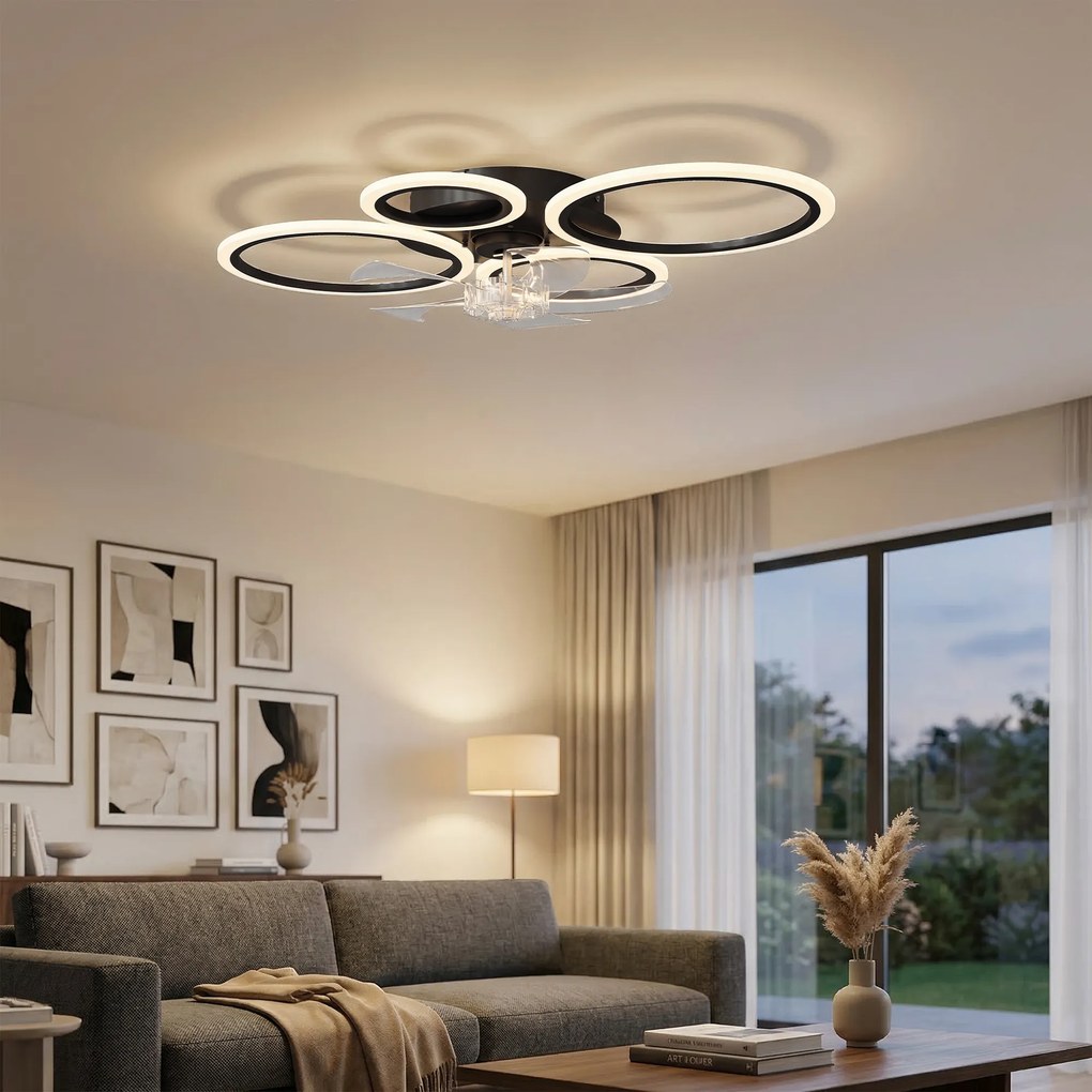 HOMCOM LED stropní ventilátor se světlem, tichý 30" (77 cm) s dálkovým ovládáním — 6 rychlostí, 3 teploty světla, DC motor, časovač — černý