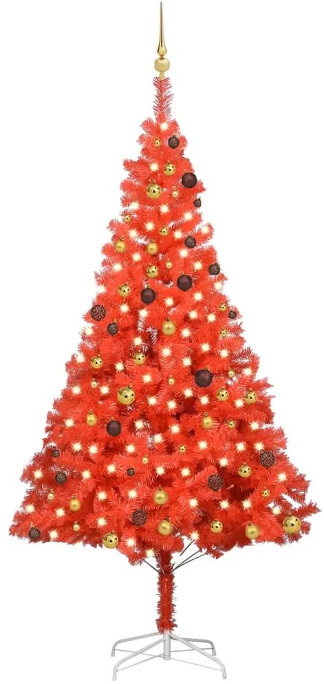 3077516 vidaXL Umělý vánoční stromek s LED a sadou koulí červený 240 cm PVC