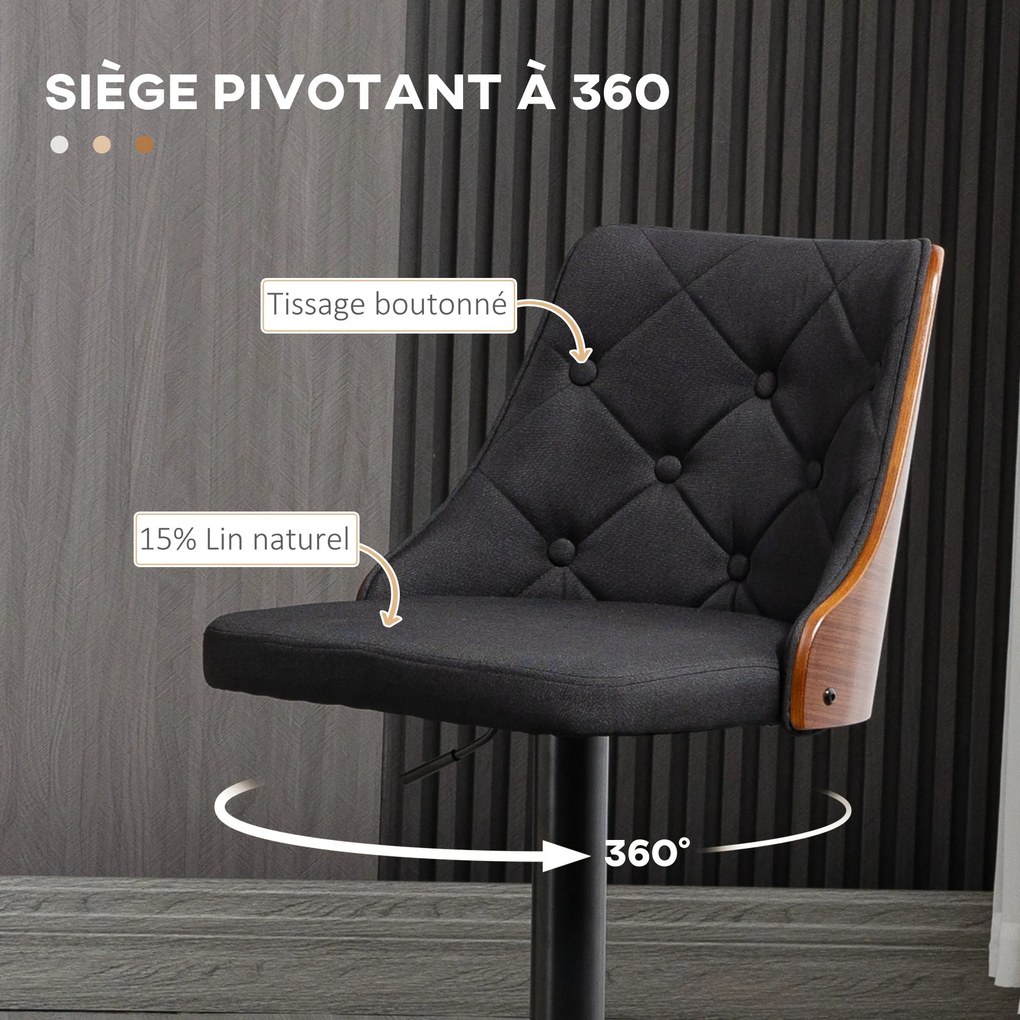 HOMCOM Sada 2 nastavitelných barových židlí s 360° otáčením a opěrkou nohou, potažené látkou