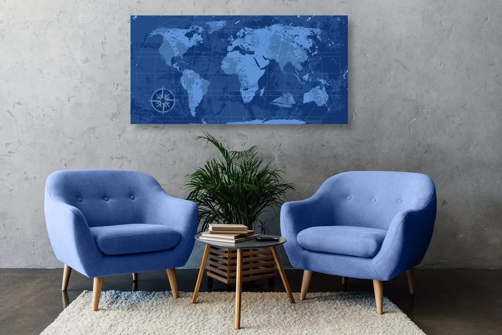 Obraz rustikální mapa světa v modré barvě - 120x60 cm