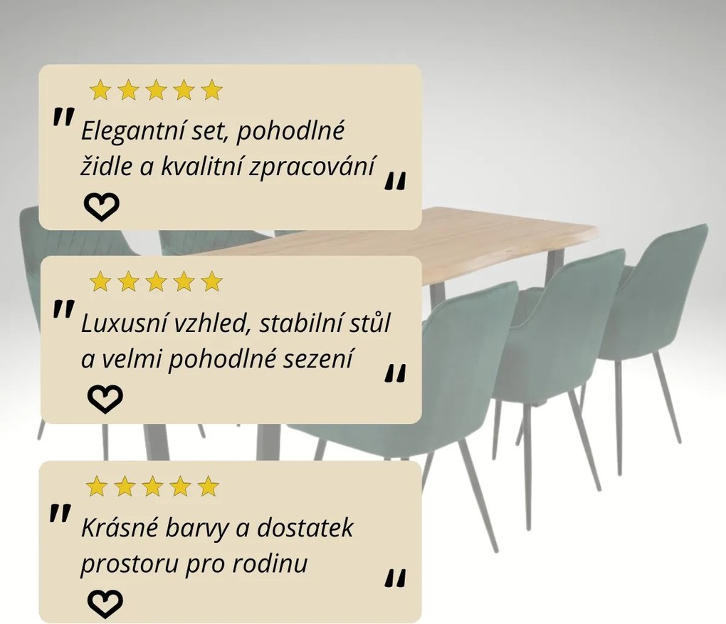 Vikio Jídelní set pro 6 osob 180x90 cm dub noha U zelená židle s područkami VJS168-6Z