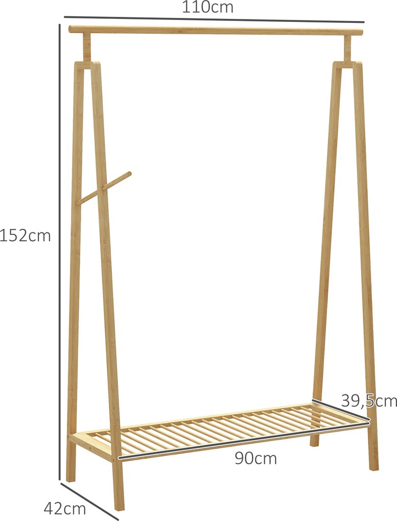 HOMCOM Bambusový věšák na oblečení, dřevěný stojan na kabáty s policí na boty, rozměry 110D x 42Š x 152V cm