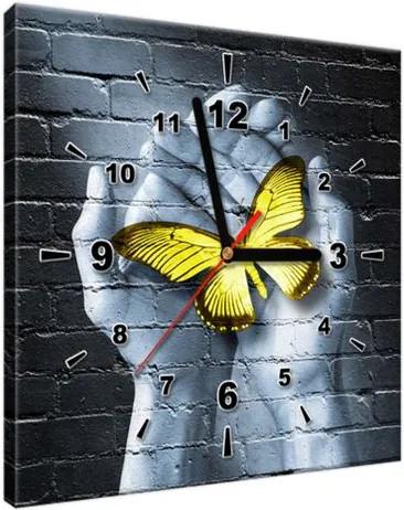 Tištěný obraz s hodinami Žlutý motýl v dlaních 30x30cm ZP2363A_1AI