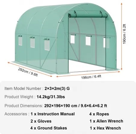 Walk-in tunelový skleník 2,92 × 1,96 × 1,9 m pozinkovaný rám PE kryt zelený