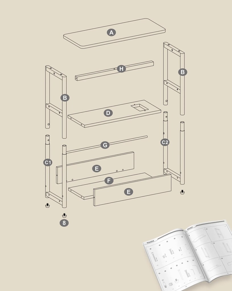 VASAGLE Odkládací stolek úzký s el. a USB zásuvkou hnědý