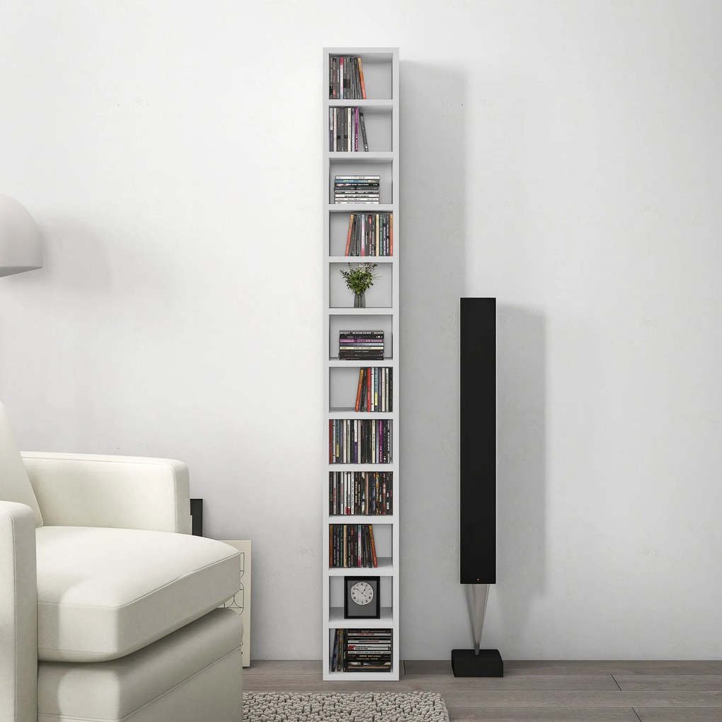 HOMCOM Úložný sloupec na CD a DVD, regál s 12 přihrádkami, kapacita max. 204 CD, 21 x 20 x 175 cm, bílá | Aosom