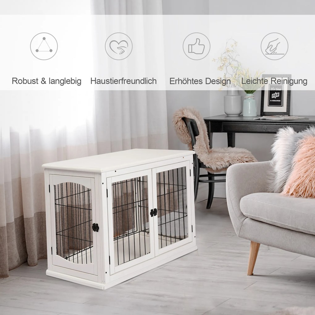 PawHut bouda pro psy přepravní box pro malá zvířata v interiéru 81 x 58,5 x 66 cm z MDF a kovu v bílé barvě, ideální pro domácí zvířata