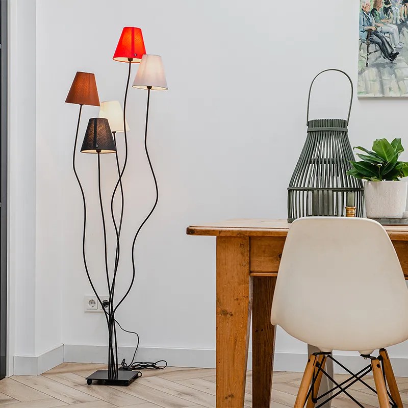 Designová stojací lampa černá s látkovými stínidly 5 světel - Melis