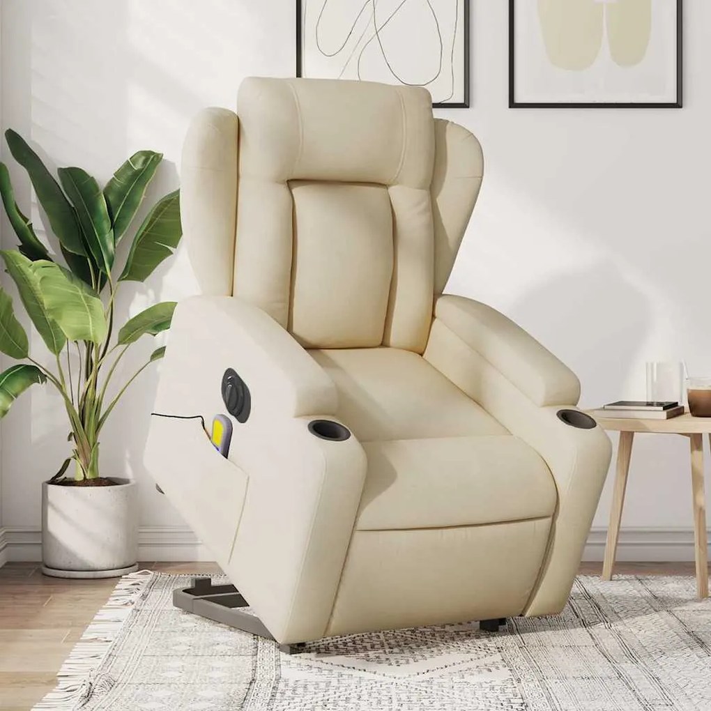 Elektrické zvedací masážní polohovací křeslo krémové textil 3204527