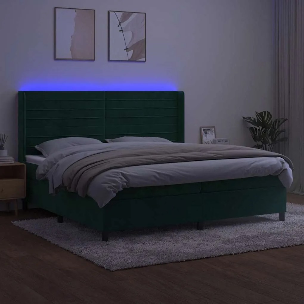 Box spring postel s matrací a LED tmavě zelená 200x200 cm samet 3139646