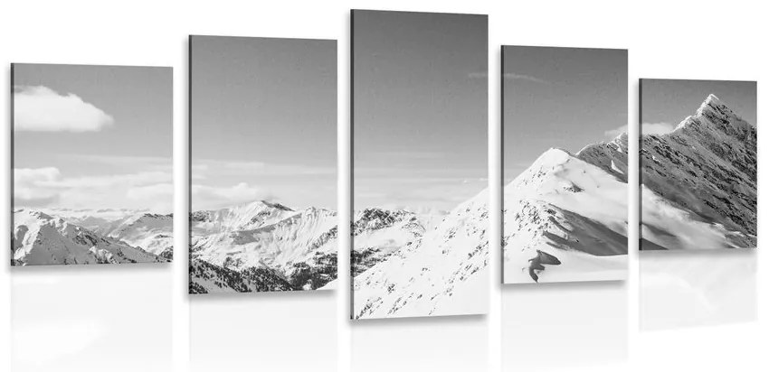 5-dílný obraz zasněžené pohoří v černobílém provedení - 200x100 cm