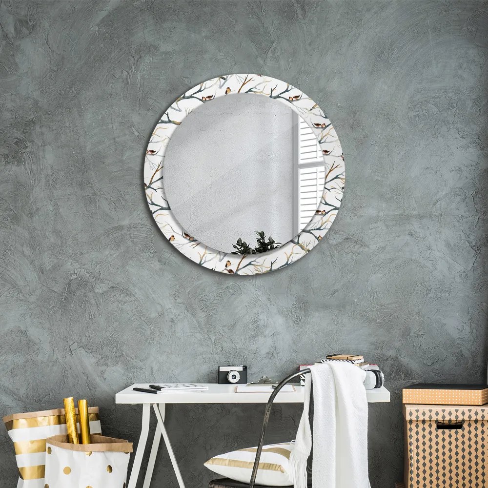 Kulaté dekorativní zrcadlo Větve vrabců ptáků fi 70 cm