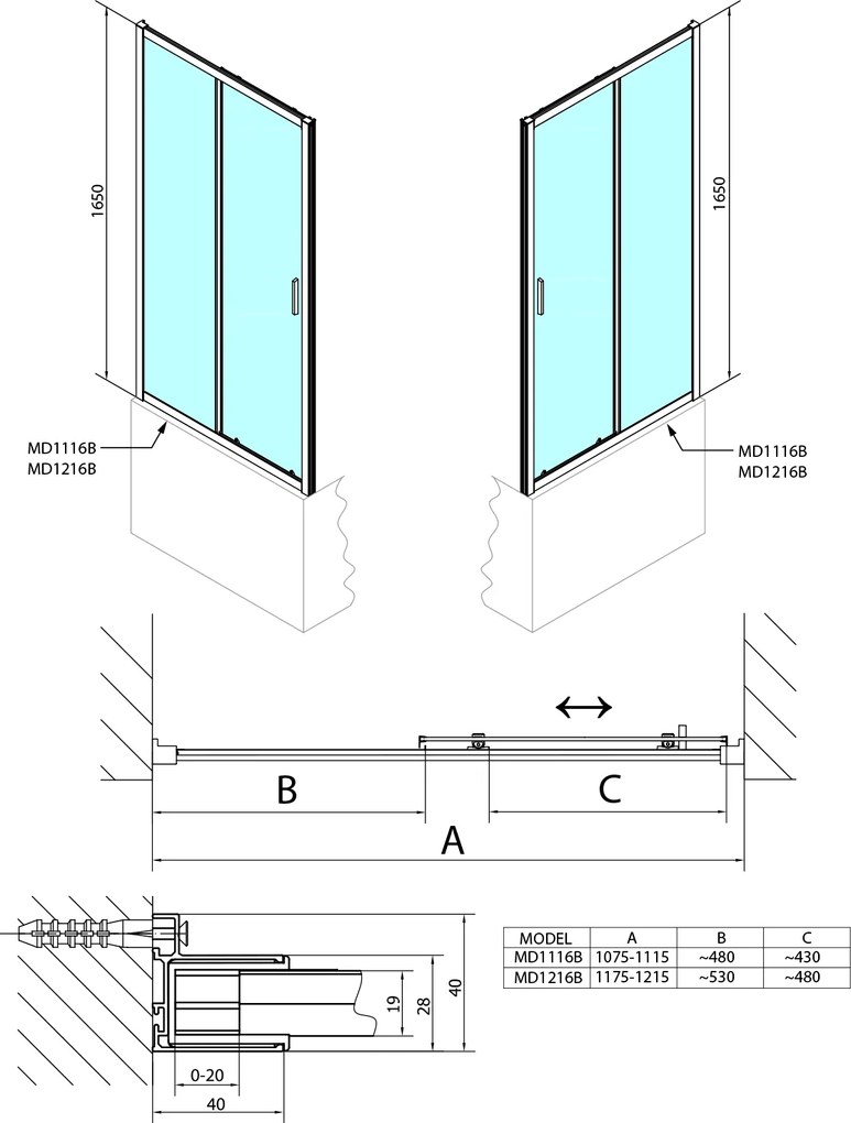 Polysan Polysan, DEEP BLACK sprchové dveře 1200x1650mm čiré sklo, MD1216B