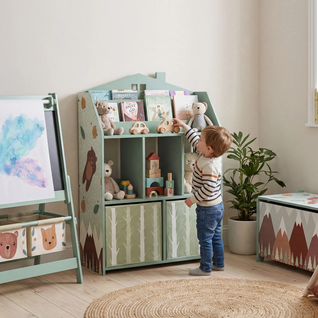 AIYAPLAY Dětský regál se 2 látkovými zásuvkami otevřený Regál pro 3-8 let 62,5x30x91,5 cm Zelený