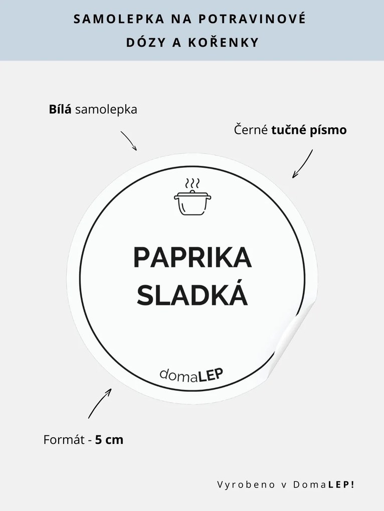 Samolepka na kořenky PAPRIKA SLADKÁ bílá 5 cm tučné písmo