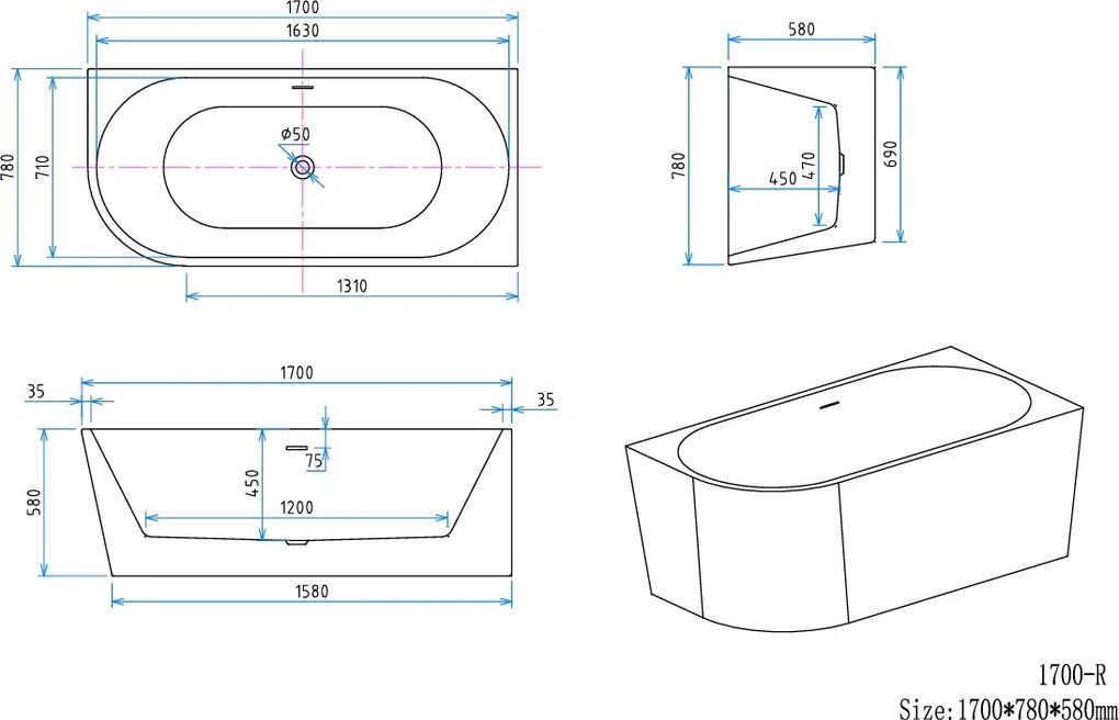 Erga Zara, rohová volně stojící vana 170x78 cm + odtoková zátka, pravá, bílá lesklá, ERG-Zara-170078R-WH-WH