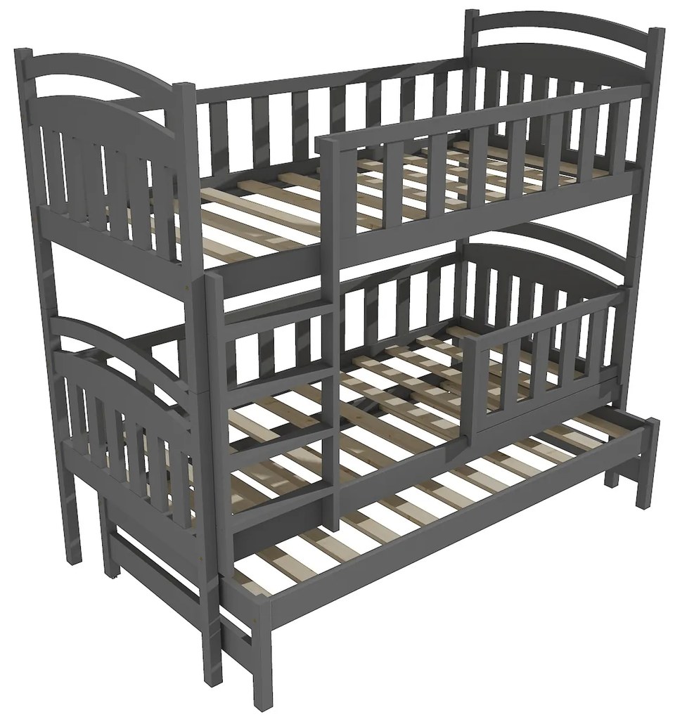 Vomaks Patrová postel s výsuvnou přistýlkou PPV 014 se zábranou Rozměr: 90 x 200 cm, Barva: surové dřevo, Prostor mezi lůžky: 80 cm