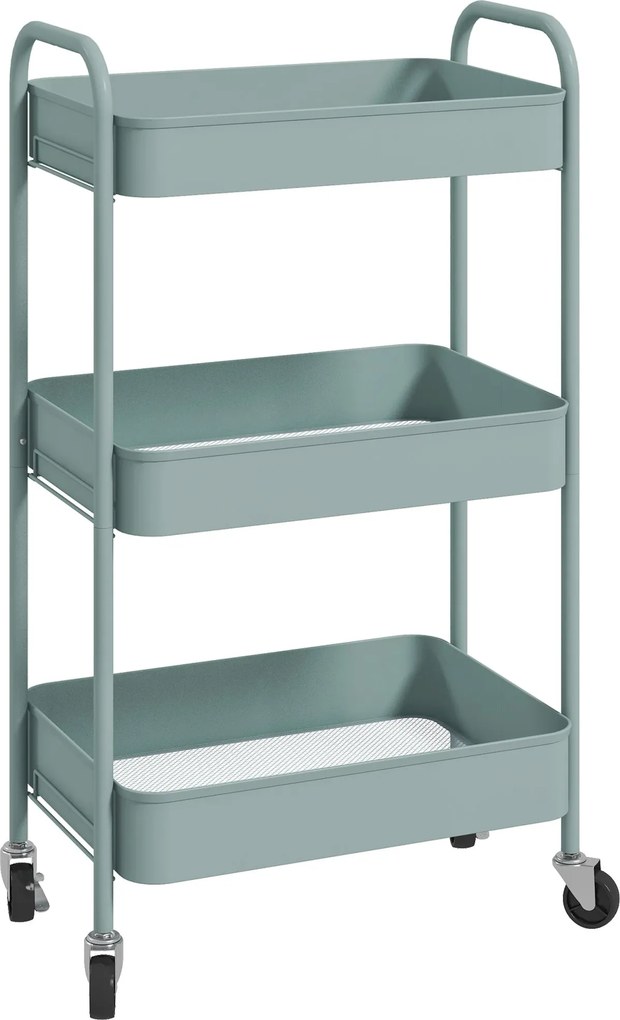 HOMCOM Skladovací vozík na kolečkách se 3 košíky a ocelovým rámem pro obývací pokoj, ložnici, kancelář a kuchyň 45x30x79 cm Světle modrá