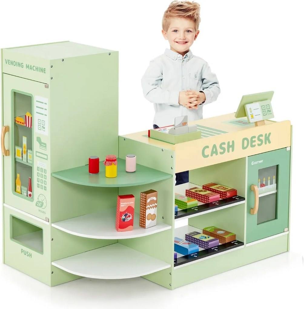 Costway Dětský dřevěný obchod s bočním pultem – 89 × 57 × 80 cm, zelený